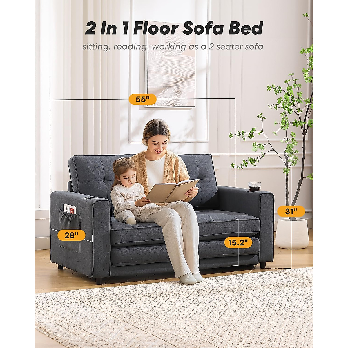 Miscoos 55" Folding Floor Sofa Chair Bed-Convertible Pull Out Sofa Bed, Futon Armchair Bed, Foldable Loveseat Sleeper, Floor Gaming Couch Bed Chair with Cup Holder for Small Space Dorm Apartment