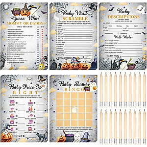 Yinder 145 Pieces Baby Shower Games for Boy or Girl Game Activities Cards with 20 Pencils Includes Baby Bingo Description and Wishes Guess Who Baby Price is Right, Word Scramble Game (Halloween)