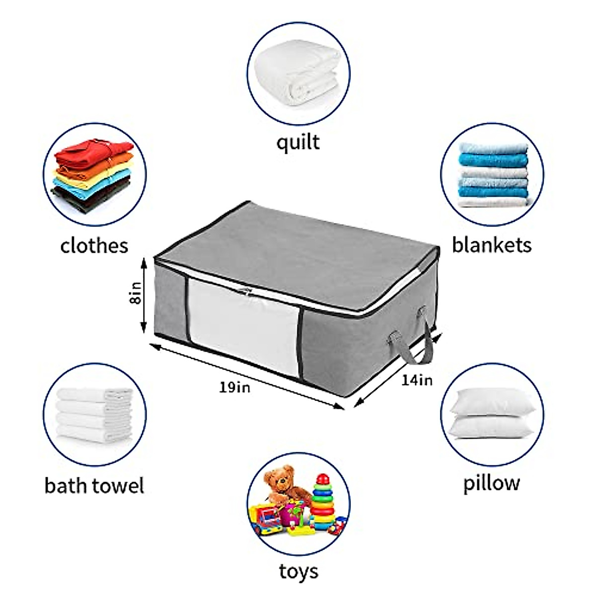 JERIA 6-Pack Foldable Closet Organizer Clothing Storage Bags with Clear Window, Reinforced Handle and Sturdy Zipper (Grey)