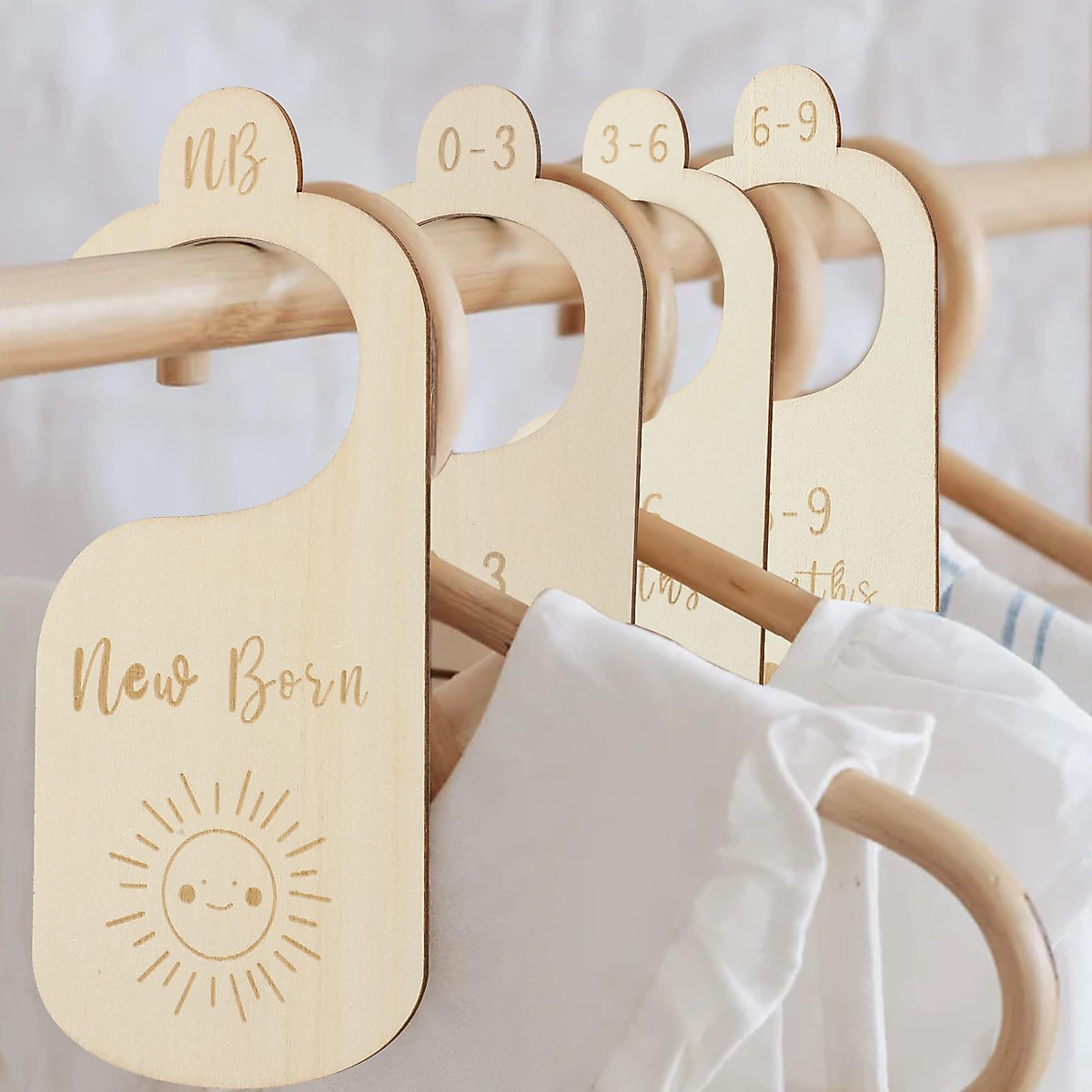 Teaaha Baby Closet Dividers for Clothes Organizer 7 PCS Beautiful Wooden Double-Sided Baby Closet Size Organizer Hanger from Newborn Infant to 24 Months Toddler for Home Nursery Baby Decor
