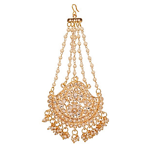 Touchstone Indian Bollywood Pretty Magical Floral Handcrafted Indian Mughal Kundan Look Faux Pearls Hangings Head Enhancing Bridal Designer Jewelry Jhoomer in Gold Tone for Women.