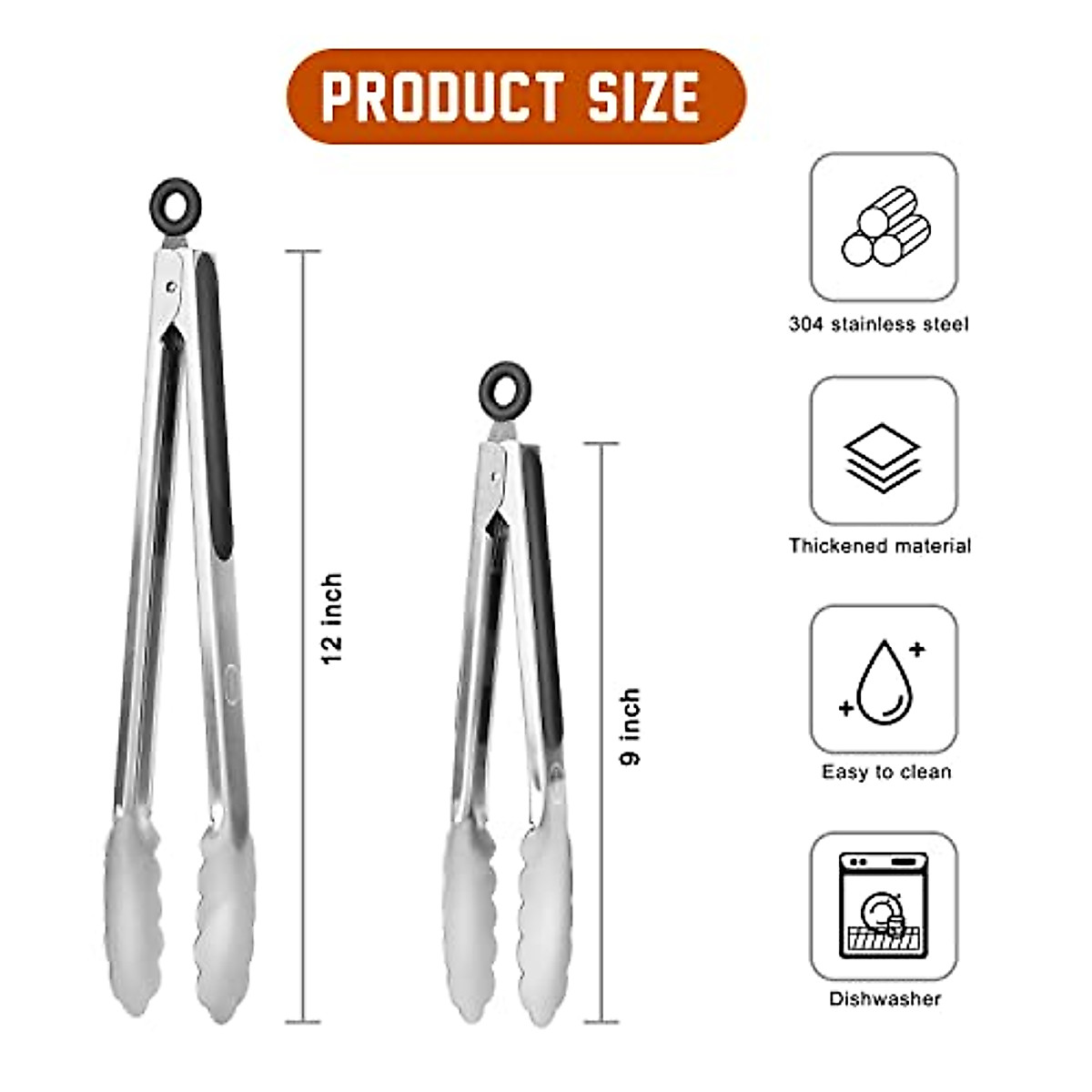 TACGEA Stainless Steel Kitchen Tongs, Silicone Non-slip Grip, Locking Grilling Food Tongs Set of 2, 9-inch & 12-inch