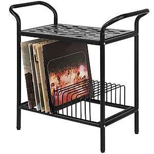 MyGift Modern Matte Black Metal Record Player Holder Stand with Vinyl Storage Organizer, Premium Quality 2 Tier Turntable Display Table Rack