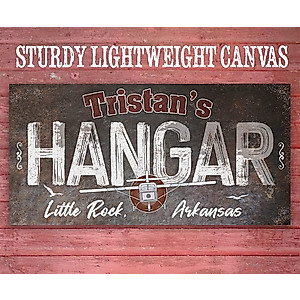 Personalized Hangar Airplane Print - Custom Print with Name and City State, Pilot Name Print and Aviation Sign, Antique Airplane Decor and Man Cave Gift, Rustic Metal Style Canvas Print 12x24