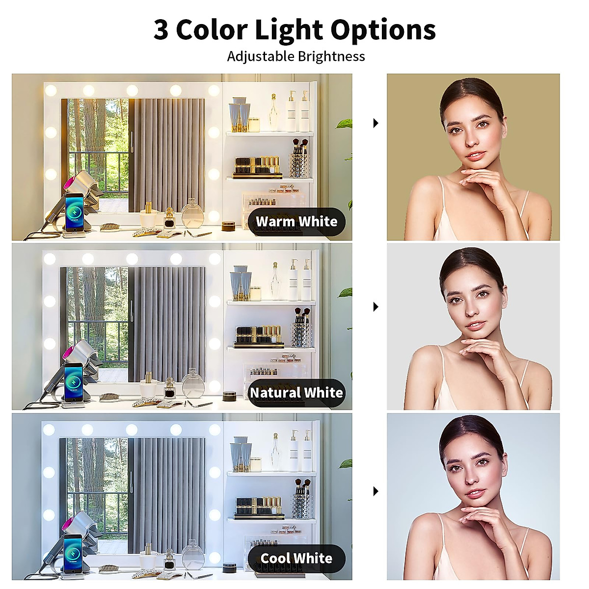 VOWNER Vanity with Lights - 47" Makeup Vanity Desk with Power Outlet, Storage Shelves and 6 Drawers, 3 Color Lighting Modes with Adjustable Brightness, Makeup Desk with Stool for Women Girls, White