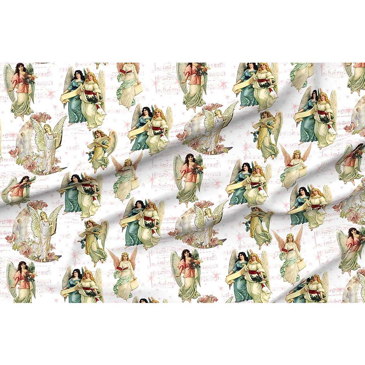 Spoonflower Fabric - Angels High Christmas Victorian Music Stars Pink White Cloth Printed on Petal Signature Cotton Fabric by The Yard - Sewing Quilting Apparel Crafts Decor