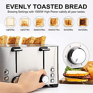Toaster 4 Slice, LauKingdom 1.57" Extra Wide Slots Toaster, Smart Pop-Up Stainless Steel Toasters with 6 Shade Settings, Evenly & Quickly Bread Toaster, Bagel Defrost Cancel Function, 1500W, Silver