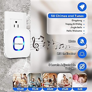 Wireless Doorbell, Coolqiya Door Bell Chimes Kit with 3 Plugin Receivers and 2 Remote Waterproof Push Buttons, Operating Range Up to 1000 Feet, 58 Melodies and 5 Volume Levels, LED Flash, White