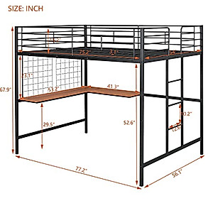 Full Size Loft Bed with Desk and Metal Grid, Metal Loft Bed with Ladder and Full-Length Guardrail for Kids Boys Girls Teens, Hold up to 250lbs, Noise Free Frame, Black