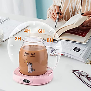 Bsigo Smart Coffee Mug Warmer & Cute Cat Glass Mug Set, Beverage Warmer for Desk Office, Cup Warmer Plate for Milk Tea Water with Time & Temperature Setting(Up to 140℉/ 60℃), 8H Auto Shut Off, Clear