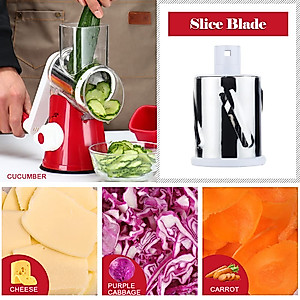 Ourokhome Rotary Cheese Grater Hand Crank, Kitchen Shredder Speed Mandolin Slicer Nut Grinder with Handle and Drum Blades for Cheese, Vegetable, Walnut, Chocolate, Potato, Carrot, 3 Blades, Red