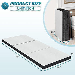 Dkelincs Folding Mattress Trifold Memory Foam Mattress Topper 3 Inch Portable Foldable Mattress for Camping, Guest, Yoga, White(Narrow Twin, 75X31X3)