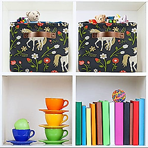 KLL Storage Bins Large Foldable Floral Pattern with Magic Unicorns Storage Basket with Leather Handles for Home Office Closet or Shelves