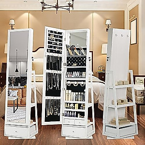 MASMIRE 360° Swivel Full Length Mirror Jewelry Cabinet Standing With Built-In Mirror - 63.7”H Jewelry Armoire With Mirror & 3 Drawers, Lockable Storage Mirror With 3 Storage Racks (Off-White)