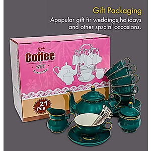 CHENP.HMC Tea Set 22-Piece Porcelain Ceramic Coffee Tea Gift Sets Cups Saucer Service for 6 Teapot Sugar Bowl Creamer Pitcher and Teaspoons Porcelain Tea Set for Mother's Day(WITHOUT Mug Hooks)