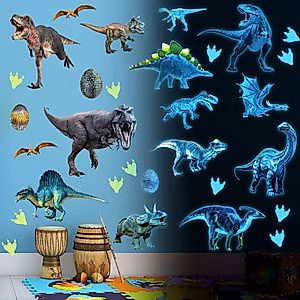 Dinosaurs Wall Decals Glow in The Dark Dinosaur Wall Stickers Removable Tyrannosaurus Wall Decor Dinosaur Eggs and Paw Print Wall Mural for Kids Nursery Living Room Bedroom Classroom Home Decoration