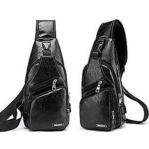 Peicees Leather Sling Bag Mens Crossbody Bag Chest Bag Sling Backpack for Men with USB Charge Port