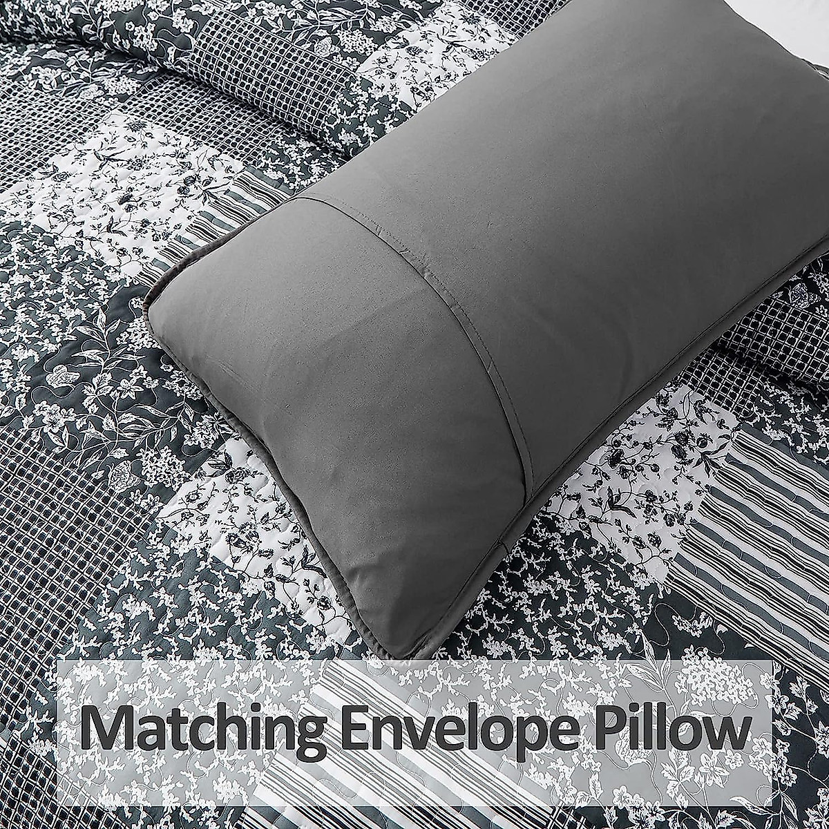 Mybedsoul Black Grey Boho Quilt Set California King Size,3 Pieces Plaid Floral Bedspread Coverlet Set for All Season,Patchwork Reversible Bedding Set 106"x 96"