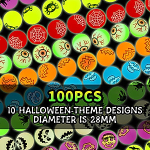 100 Piece Halloween Glow in The Dark Bouncing Balls, 10 Halloween Theme Designs for Halloween Party Favor Supplies, School Classroom Game Rewards, Trick or Treating Goodie Bags, Halloween Miniatures