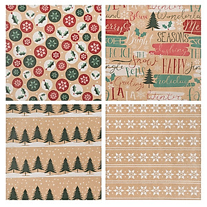 RUSPEPA Christmas Wrapping Paper, Kraft Paper - Christmas Tree, Snowflake and Seasonal Brocade Style Designs - 4 Rolls - 30 inches x 10 feet per Roll