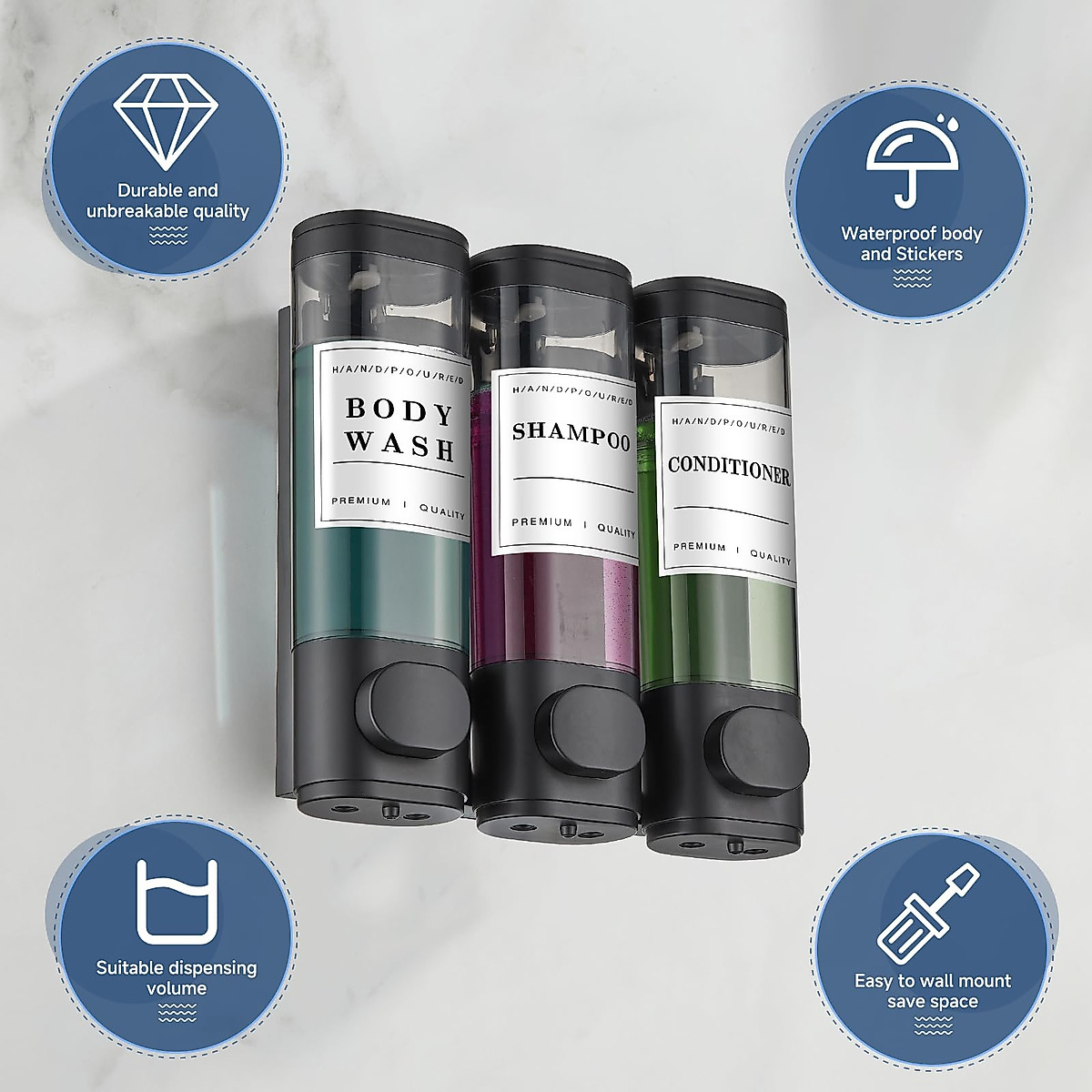 Shampoo and Conditioner Dispenser Shower Dispenser Body Wash Wall Mounted Shampoo Dispenser for Shower Wall No Drill for Bathroom Hotel 3 Chamber x 300ml Black with Waterproof Labels