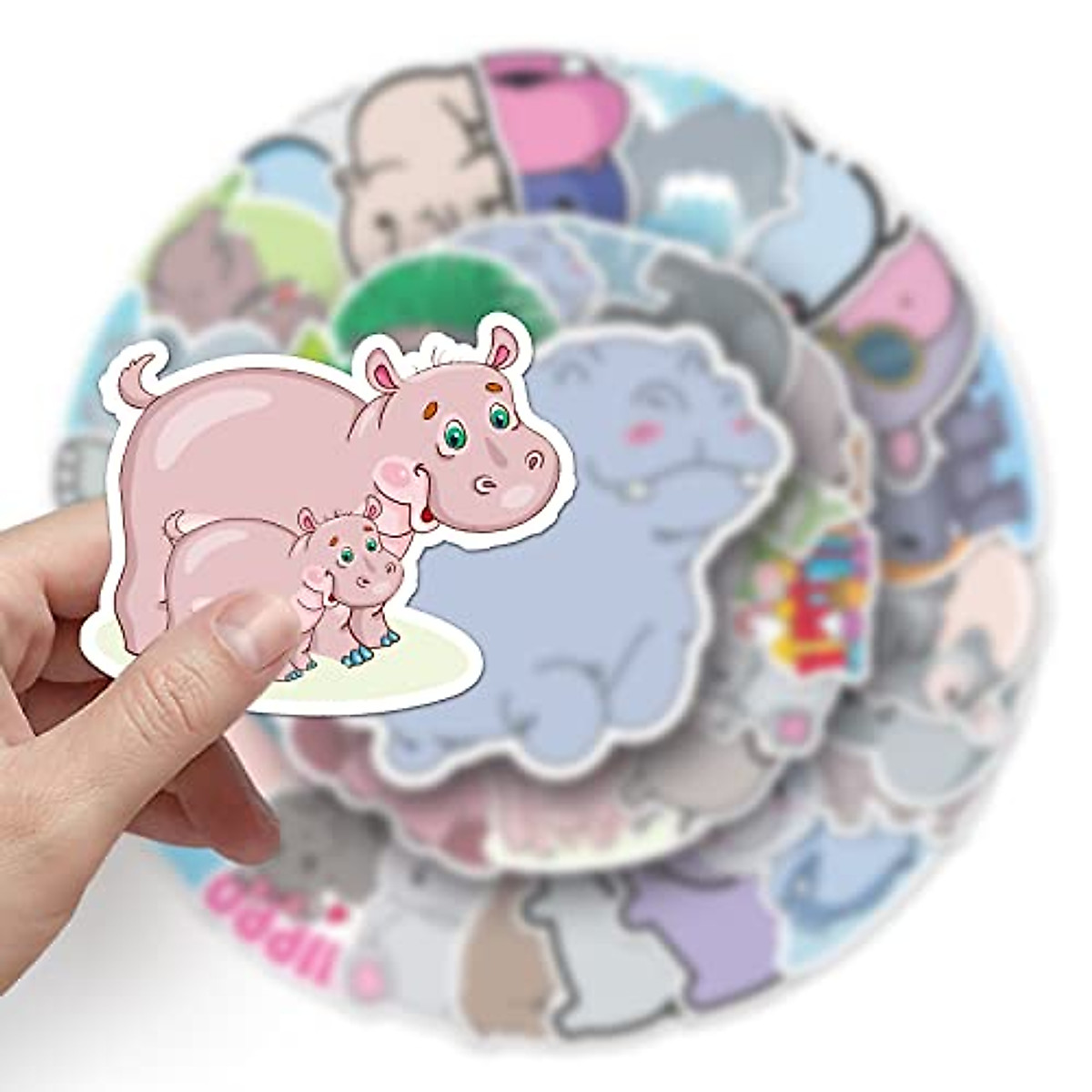 50 PCS Cute Hippo Stickers, Cartoon Animals Vinyl Decals Stickers for Water Bottle, Laptop, Bumpers, Skateboard, Helmet, Funny Hippo Stickers for Kids Teens Adults