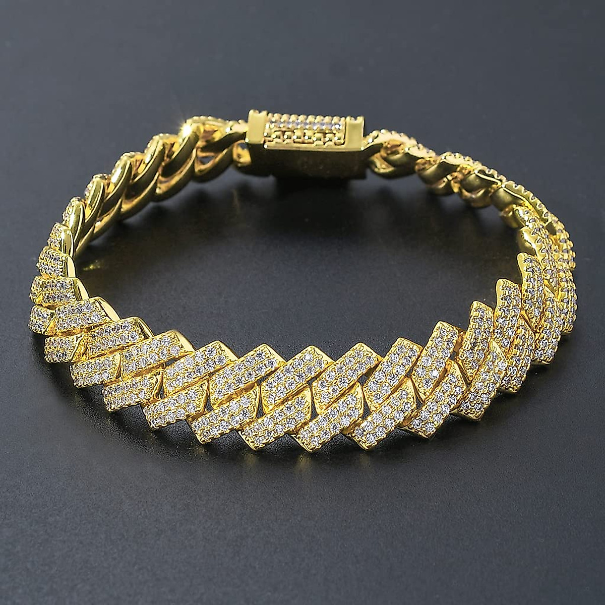 LKV 14K 14mm Zircon Diamond Miami Cuban Chain Bracelet Gold Plated Hip Hop Iced Out CZ Link Chain Bracelet for Men and Women(gold 8inch)
