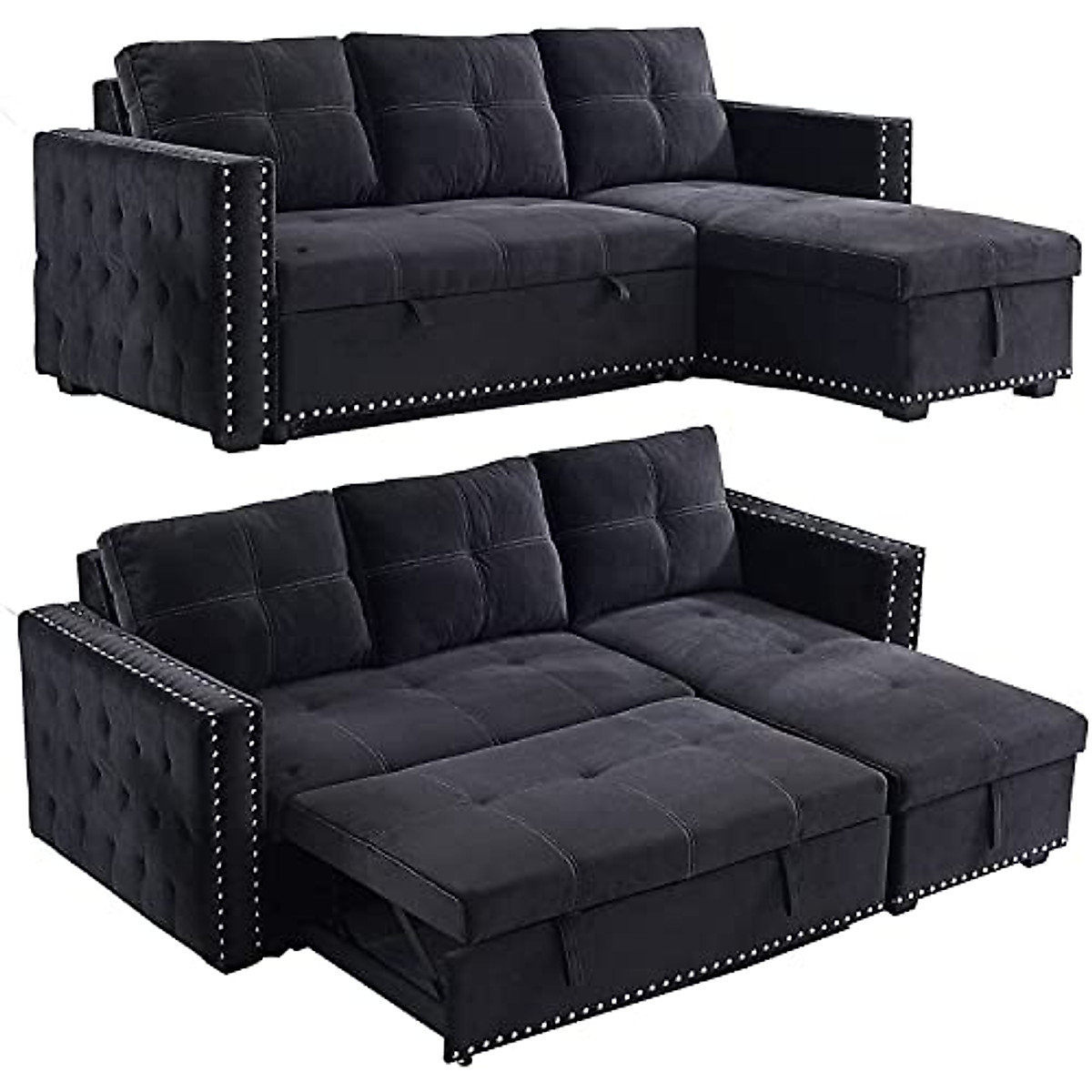 Sectional Sofa with Chaise, HABITRIO 91" L-Shape Loveseat Couch w/Roll-out Sleeper Bed, Reversible Storage Lounge, Black Velvet Upholstered Button Tufted Nailhead Trim Accent Furniture for Living Room