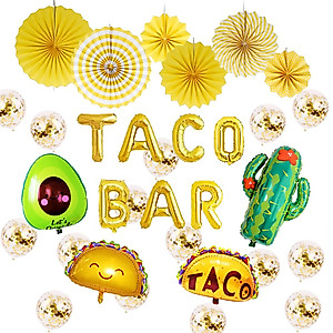 Taco Bar Gold Mylar Aluminum Balloons, Taco Themed Party Sign, Fiesta Mexican Birthday/Wedding/Baby Shower/Bridal Shower Party Banner Decoration Supplies