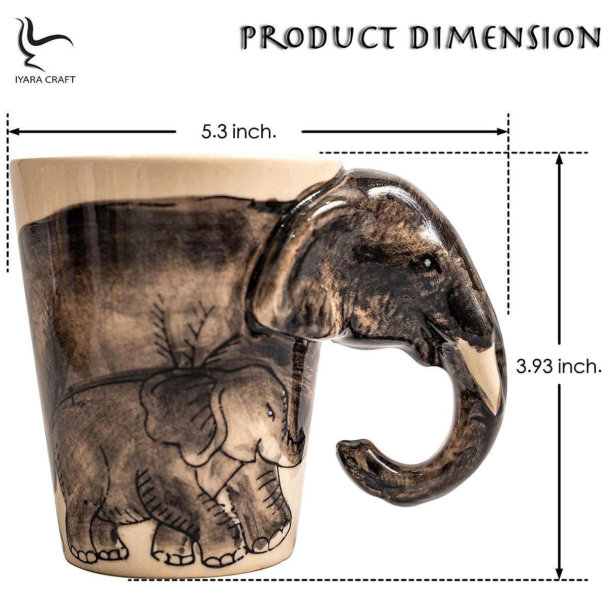 IYARA CRAFT 3D Elephant Coffee Mug 11oz - Handle is Sculpted Trunk, Cute Wildlife Design, Quality Ceramic, Microwave & Dishwasher Safe, Ideal for Tea & Hot Chocolate, 4.5" x 5"