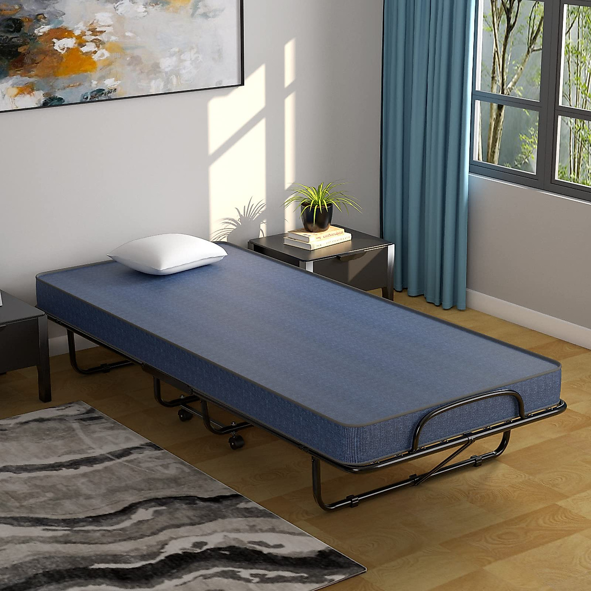 Giantex Folding Bed with 4" Mattress for Adults, Made in Italy, Twin Size Roll away Portable Guest Bed, Memory Foam Mattress, Foldable Bed w/Metal Frame on Wheels, Easy to Store, Blue