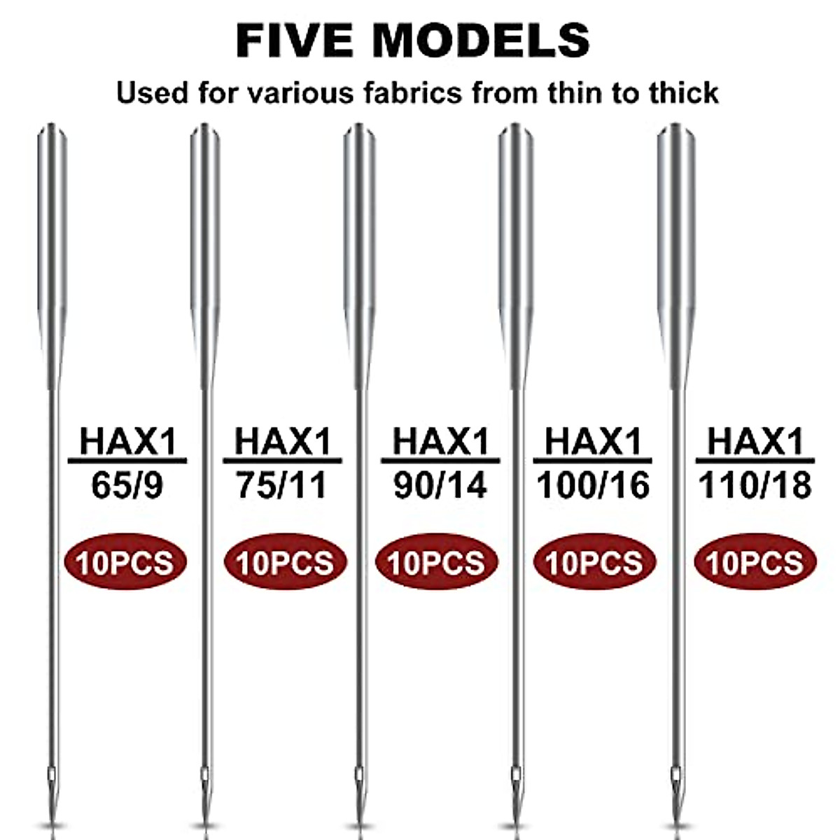 Sewing Machine Needles, Universal Sewing Machine Needle, ONEHERE Compatible with Singer, Brother, Janome, Varmax, Sizes HAX1 65/9, 75/11, 90/14, 100/16, 110/18 (50 PCS)