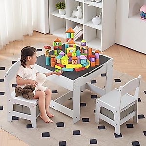 Karl home Kids Table and Chairs, 3 in 1 Toddler Table and Chair Set, Activity Table with Storage, Wood Kids Desk Chair for Kids 1-3 Years Old, Craft Table, Playroom, Living Room, Grayish-White