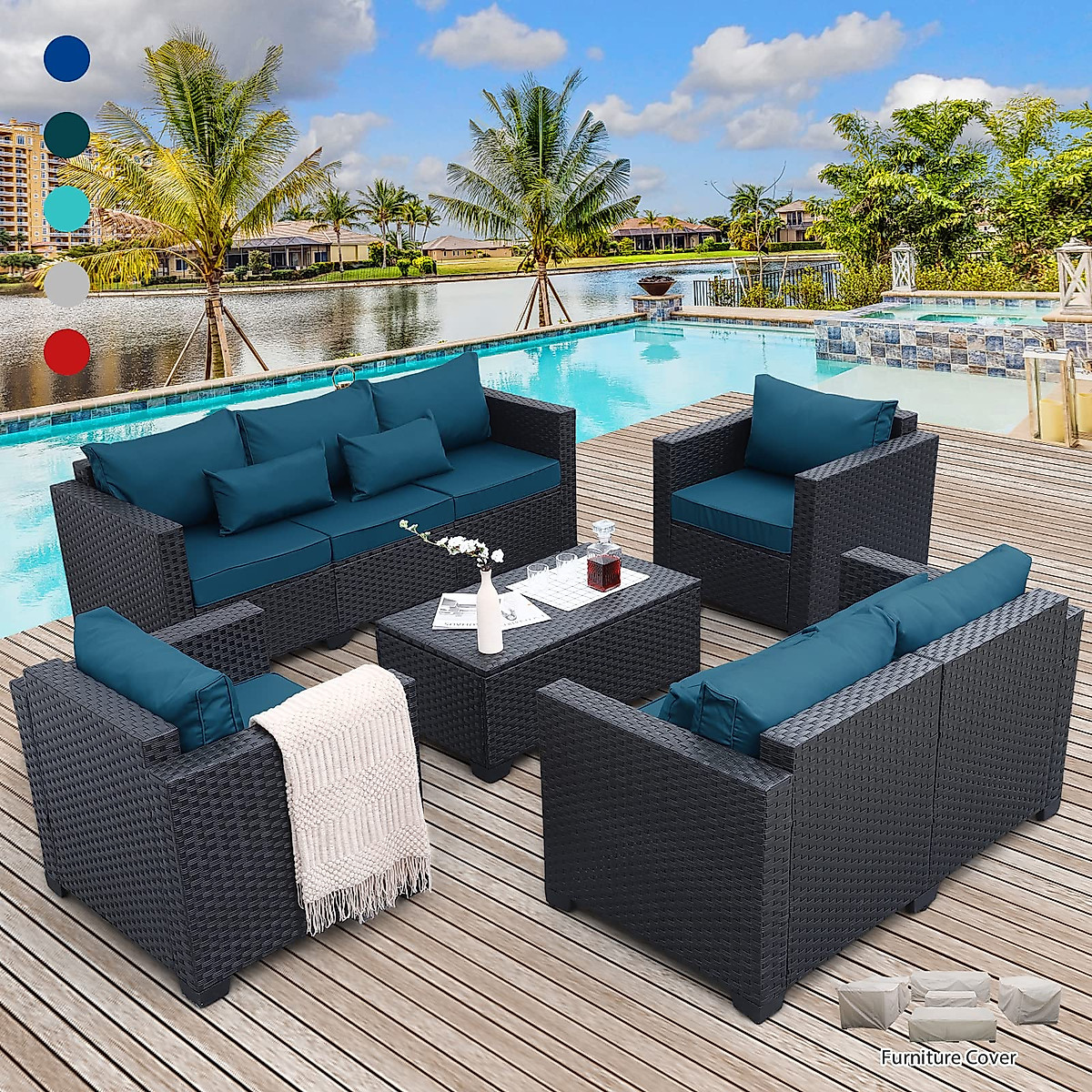Rattaner Patio Furniture Set 5 Pieces Outdoor Furniture Sets Patio Couch Outdoor Chairs Coffee Table Peacock Blue Anti-Slip Cushions and Waterproof Covers