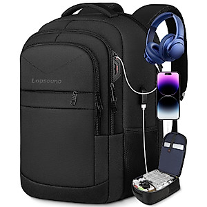 Lapsouno Backpack, Travel Backpack, Laptop Backpack, Durable Extra Large 17.3 Inch Water Resistant TSA Computer Backpack with USB, Anti Theft College School Bag Christmas Gifts for Men Women, Black