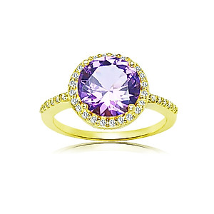 Ice Gems Yellow Gold Flashed Silver Simulated Amethyst and Cubic Zirconia Round Halo Ring, Size 9