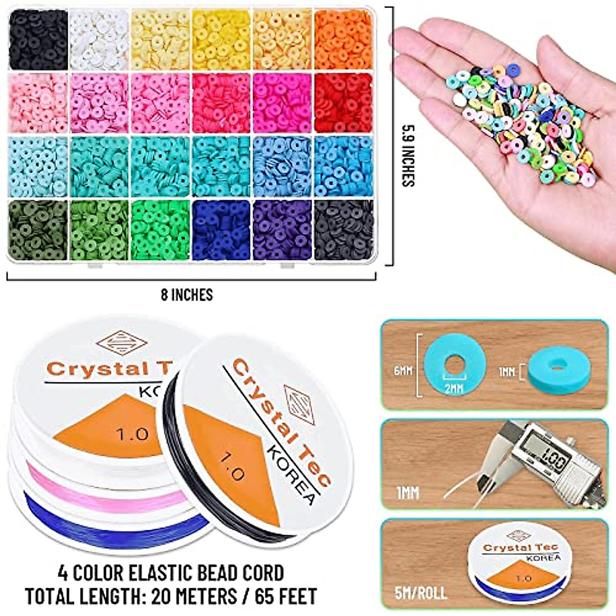 5310 Pcs Clay Beads 6mm 24 Colors Flat Round Polymer Clay Spacer Beads Heishi Beads Kit with 260 Pcs Letter Beads 240 Pcs Pendants and 4 Roll Elastic Strings for DIY Jewelry Making Bracelets Necklace