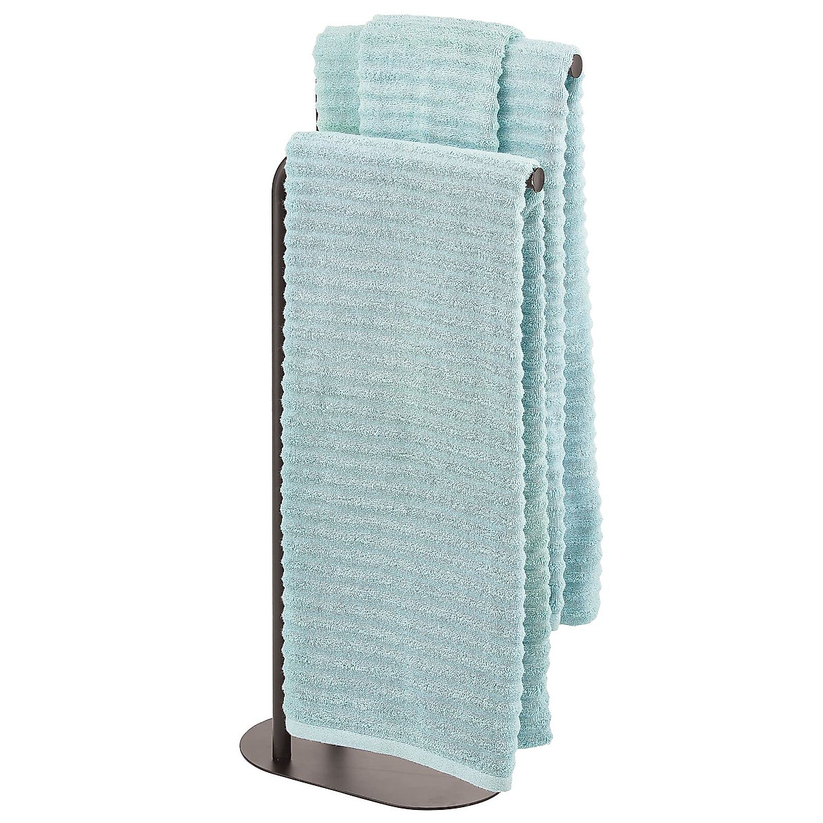 mDesign Tall Stainless Freestanding Towel Rack Holder - 2 Tier Minimalist Pedestal Hanger Holders for Kitchen and Bathroom - Racks for Bath, Hand, Dish, and Tea Towels or Washcloths - Bronze