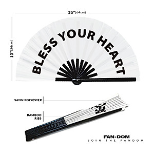 Bless Your Heart Hand Fan Foldable Bamboo Circuit Rave Hand Fans Slang Words Fan Outfit Party Gear Gifts Music Festival Rave Accessories (White)