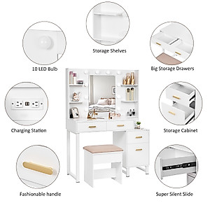 ANWBROAD Makeup Vanity Desk Vanity Set with 10 LED Bulbs Lighted Mirror Makeup Vanity Table Set with Charging Station Nightstand 3 Colors Modes Dimming Cushioned Stool Large Mirror White UBDT53W