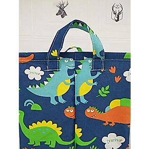 ACMUUNI REC Canvas Clothes Basket Laundry Hamper with Handles Waterproof Cotton Storage Organizer Perfect for Kids Boys Girls Toys Nursery Gift Basket (REC blue dinosaur)