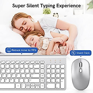 Wireless Keyboard and Mouse Combo with 7 Colored Backlits, Wrist Rest, Rechargeable Ergonomic Keyboard with Phone Holder, Silent Lighted Full Size Combo for Window, Mac, PC, Laptop (Silver and White)