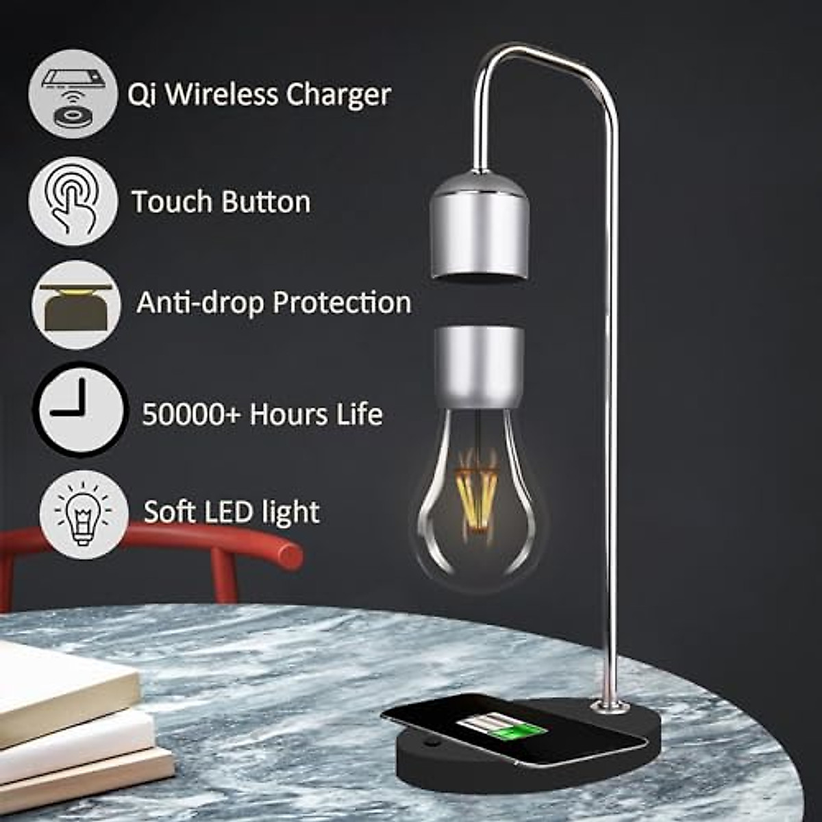 FloatGo Magnetic Levitating Lamp with Wireless Phone Charging Pad for iPhone Pro Max Floating Light Bulb LED Night Light Table Lamp Levitation Desk Lamp for Home Decoration Christmas Gift