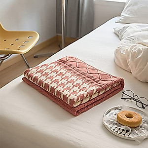 GunziStreet Luxurious Pure Cotton Knitting Throw Blanket Houndstooth Thousand-Bird Pattern Splicing Nordic Style Soft Warm Home Decor for Bed Couch Bedroom (Red Ruby, 51x63)