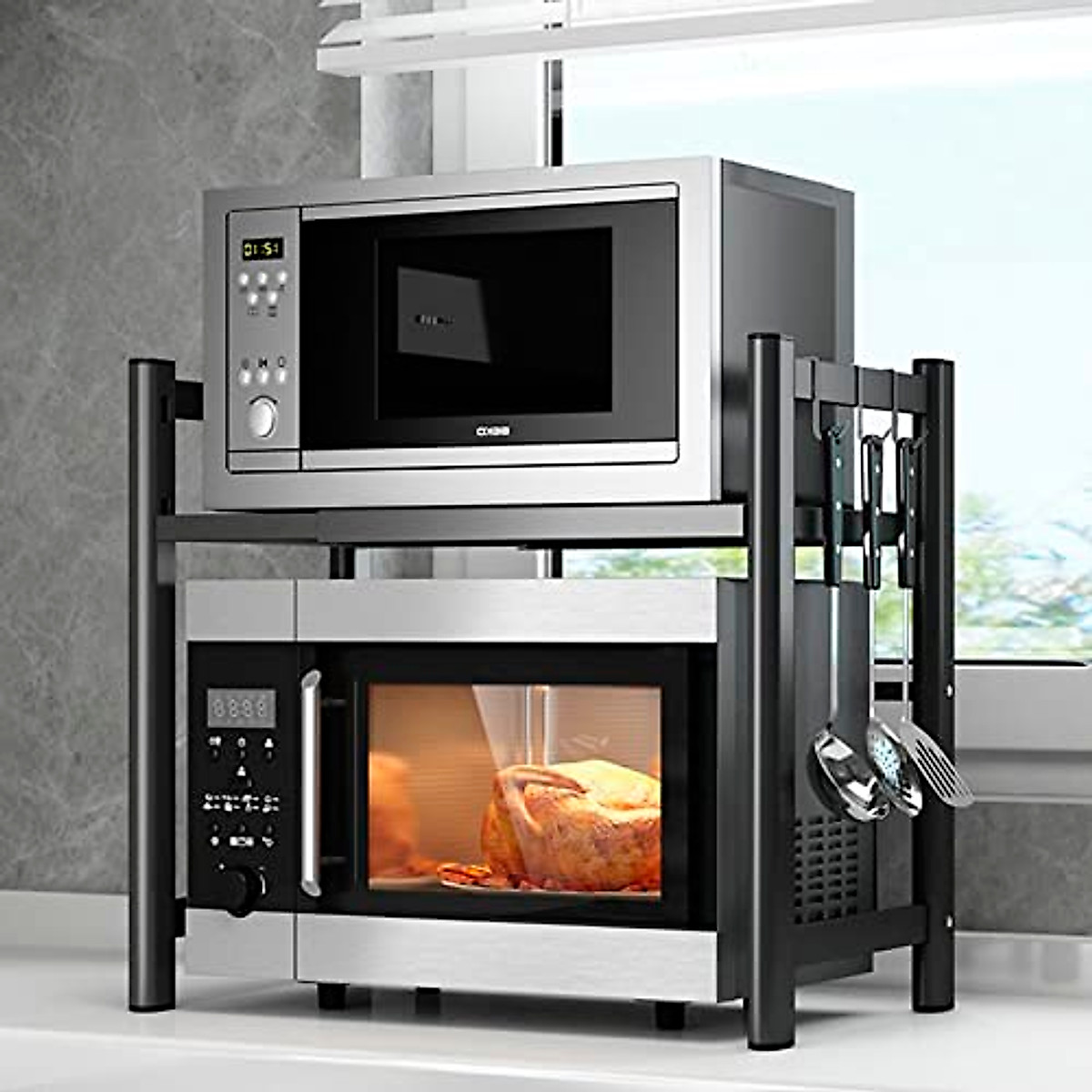 Expandable Microwave Oven Rack, Double Layer Carbon Steel Adjustable Microwave Shelf, Toaster Rack Heavy Duty Stand Kitchen Countertop Organizer, 55 lb Load Bearing, 2 Tier with 6 Hooks(Black)