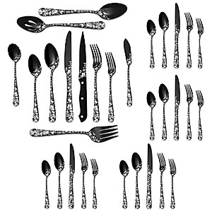 73-Piece Black Silverware Set for 12 with Steak Knife & Serving Set, Stapava Stainless Steel Flatware Cutlery Set, Eating Utensils Tableware, Butterfly Flower Design, Mirror Polish, Dishwasher Safe