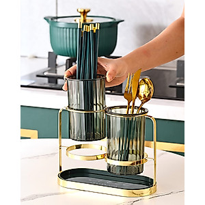 Hanobe Utensil Caddy Silverware Holder - Decorative Cutlery Caddy Gold Green Clear Flatware Storage Organizer Cup Countertop Platic Spoon Fork Knife holder for Table Dinning Kitchen Counter