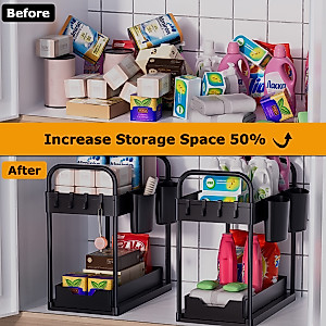 Under Sink Organizers and Storage, 2-Tier Sliding Under Cabinet Bathroom Storage with Hooks, Hanging Cup, Handles, Multi-Purpose Under Sink Organizer for Bathroom Kitchen, Black, 2Pack