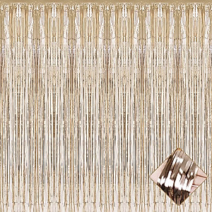 4 Pack 3.2Ft x 8.2Ft Champagne Gold Foil Fringe Curtain Backdrop, Metallic Tinsel Foil Fringe Streamers Curtains Background for Photo Booth, Birthday, Wedding, Halloween, Christmas Party Decoration