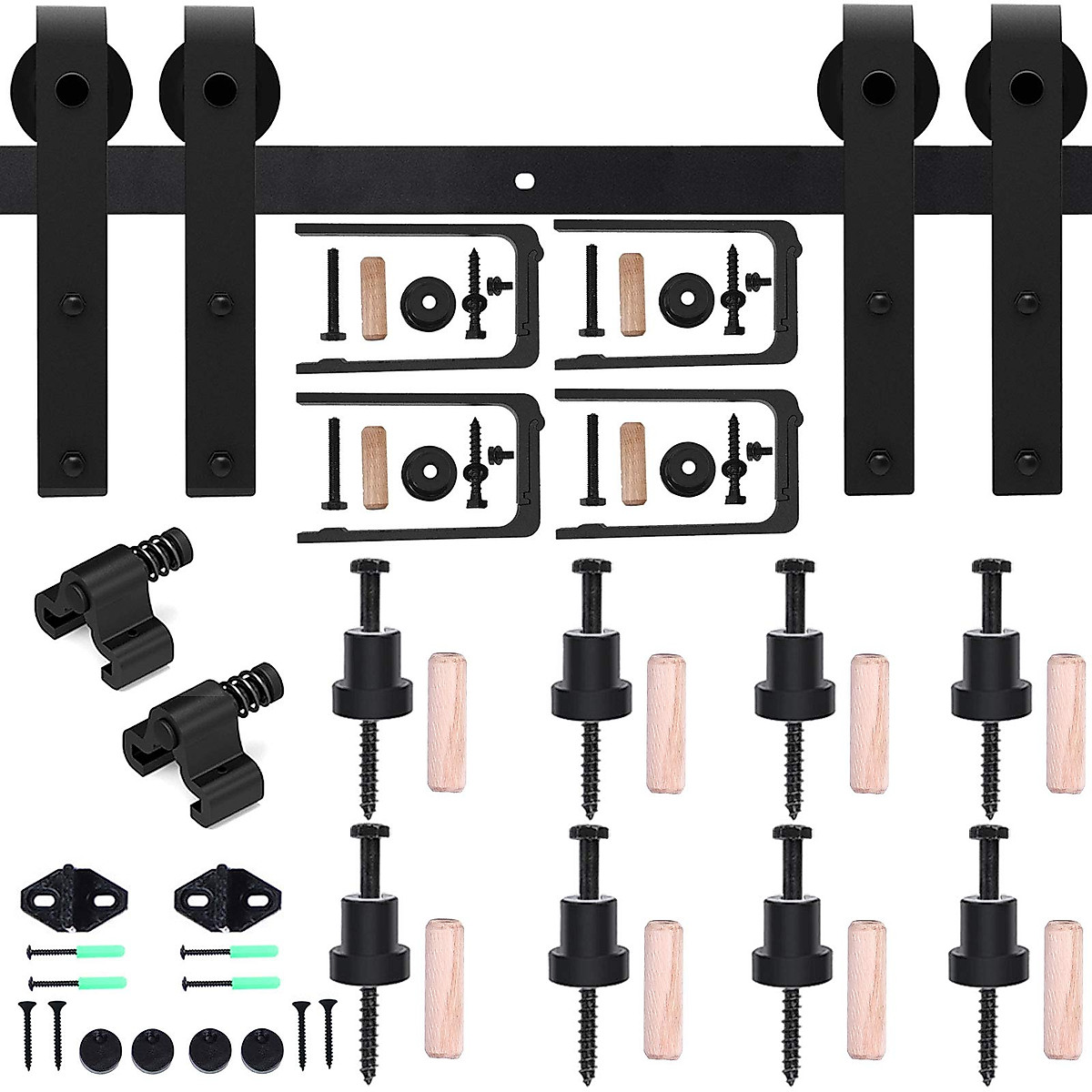 CCJH 9FT Bypass Sliding Barn Door Hardware Kit Double Track Low Ceiling Heavy Duty for Double Wooden Doors, Basic Hanger